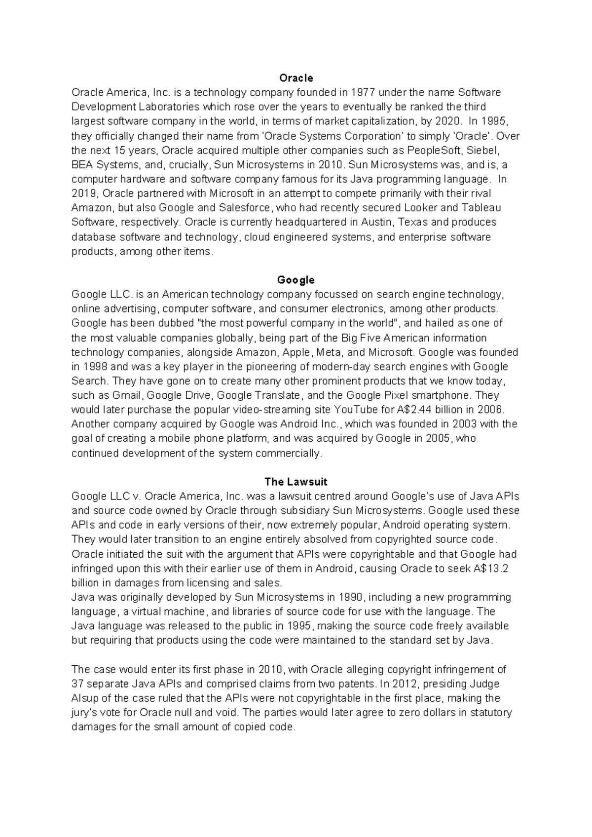 Social and Ethical Issues Assignment - Oracle Oracle America, Inc. is a ...