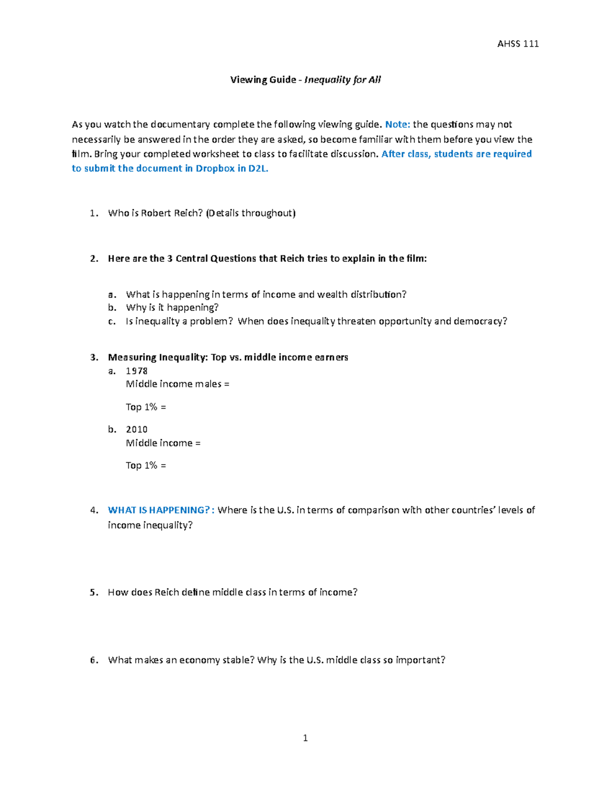 Viewer Guide #1 - Inequality for All - AHS-111 - SDSU - Studocu