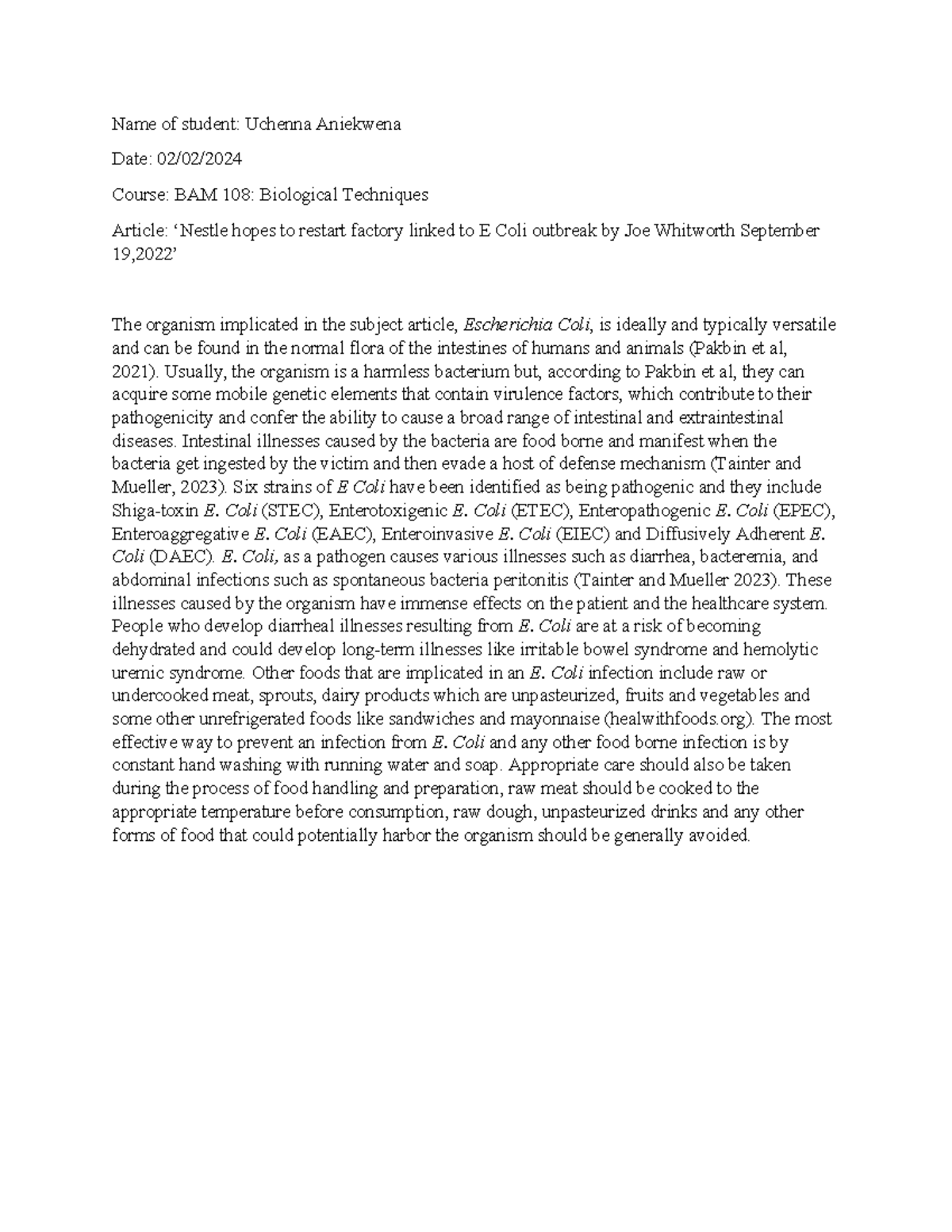 BAM CASE Study Assignment ammended - Name of student: Uchenna Aniekwena Date: 02/02/ Course: BAM ...