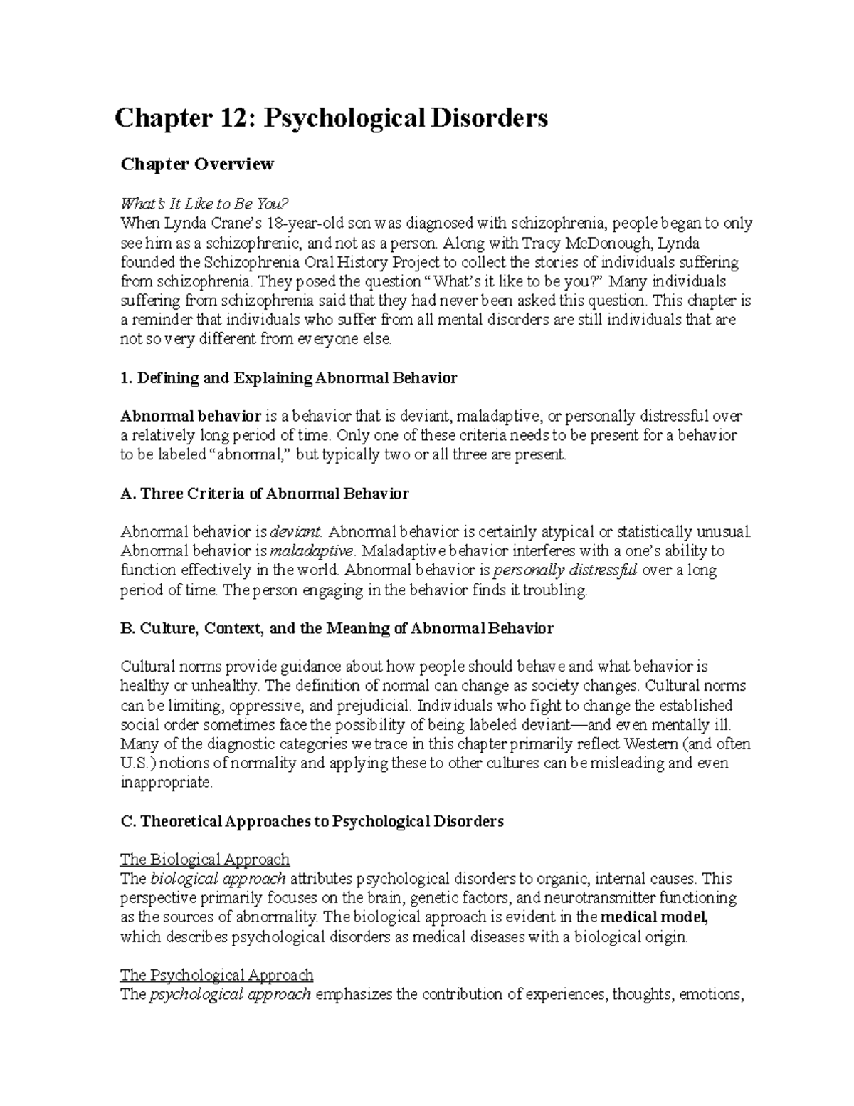 Chapter 12 Study Guide - Chapter 12: Psychological Disorders Chapter ...