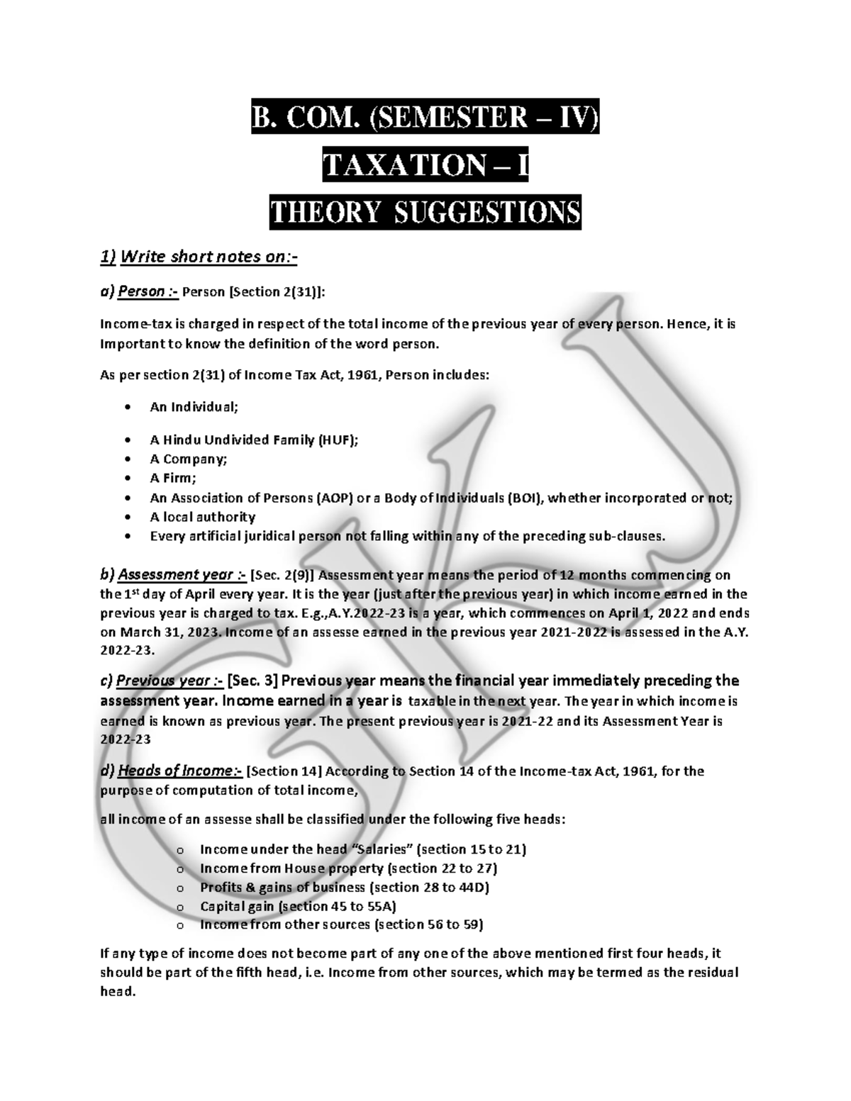 Tax Theory Sem-4 - Sem 4 - B. COM. (SEMESTER – IV) TAXATION – I THEORY SUGGESTIONS 1) Write ...