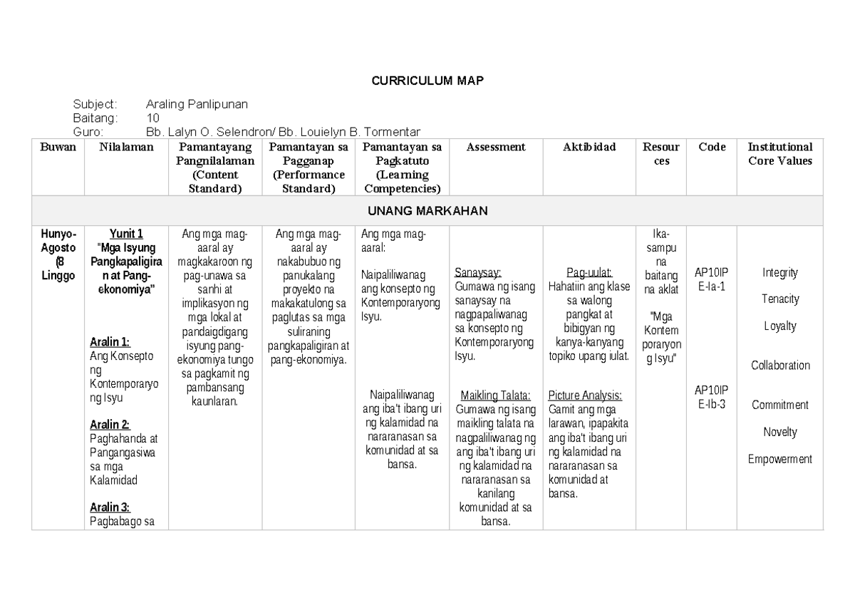 Curriculum MAP - Araling Panlipunan - CURRICULUM MAP Subject: Araling ...