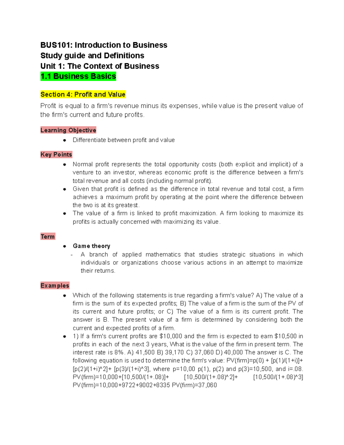 1.1 Business Basics (Section 4 Profit and Value) - BUS101: Introduction ...