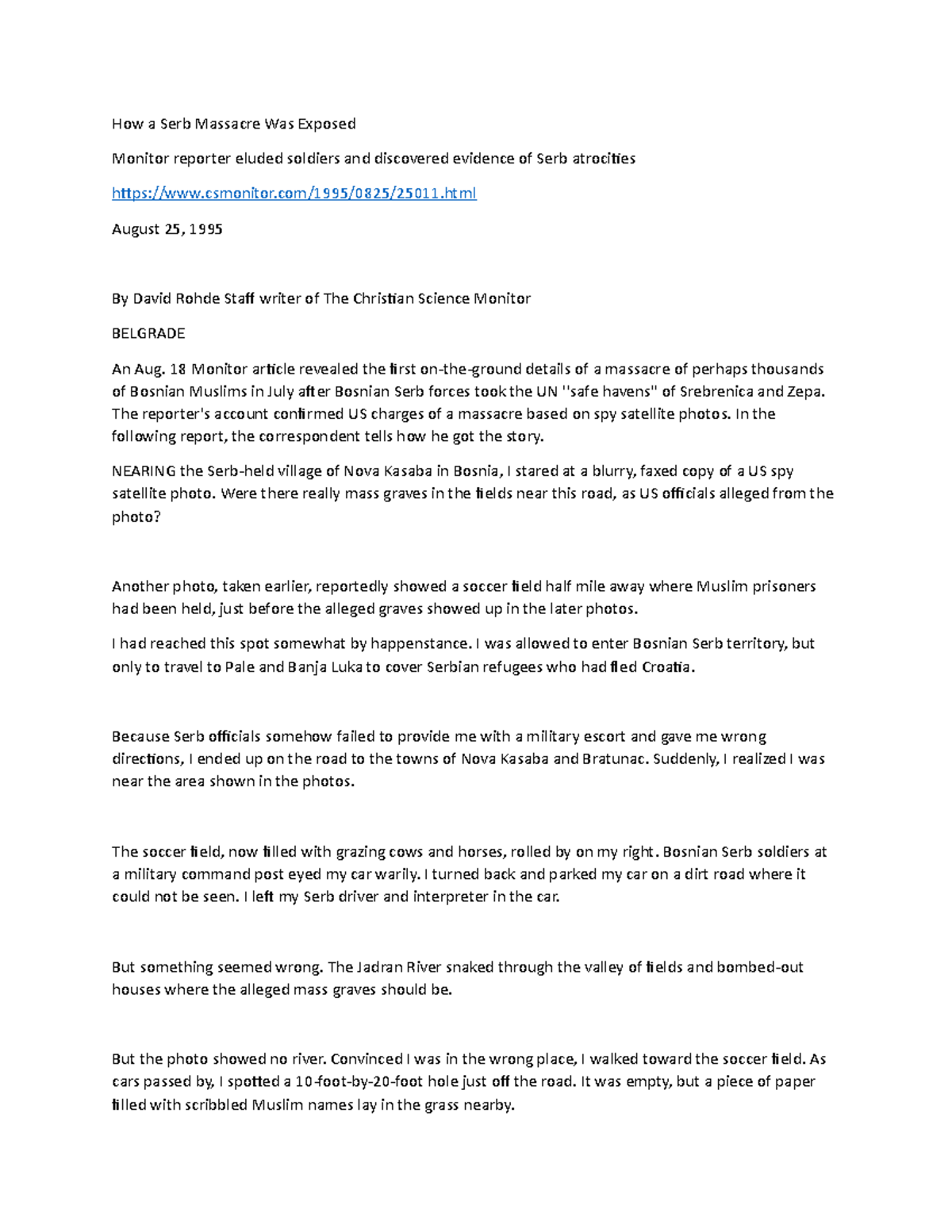 How a Serb Massacre Was Exposed - How a Serb Massacre Was Exposed Monitor reporter eluded ...