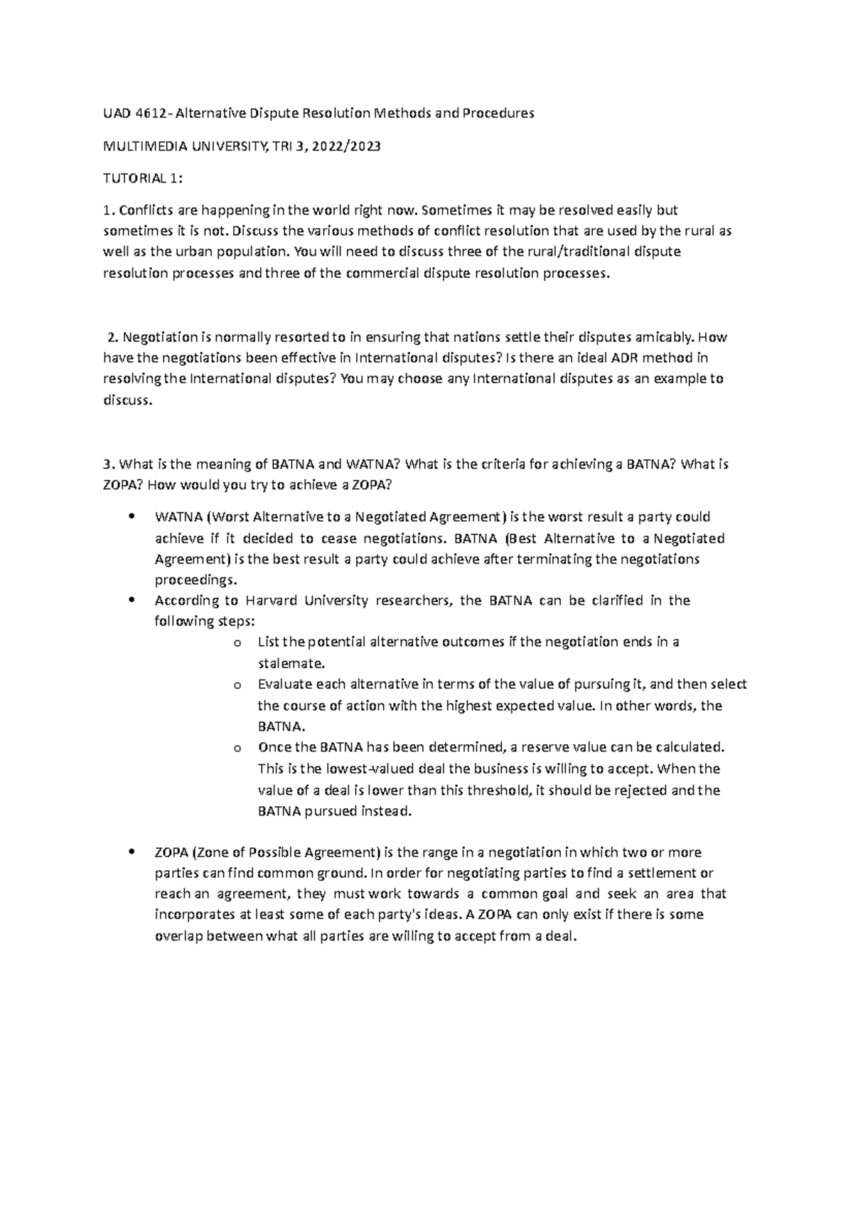 Tutorial 1 (ADR) - ... - UAD 4612- Alternative Dispute Resolution Methods and Procedures ...
