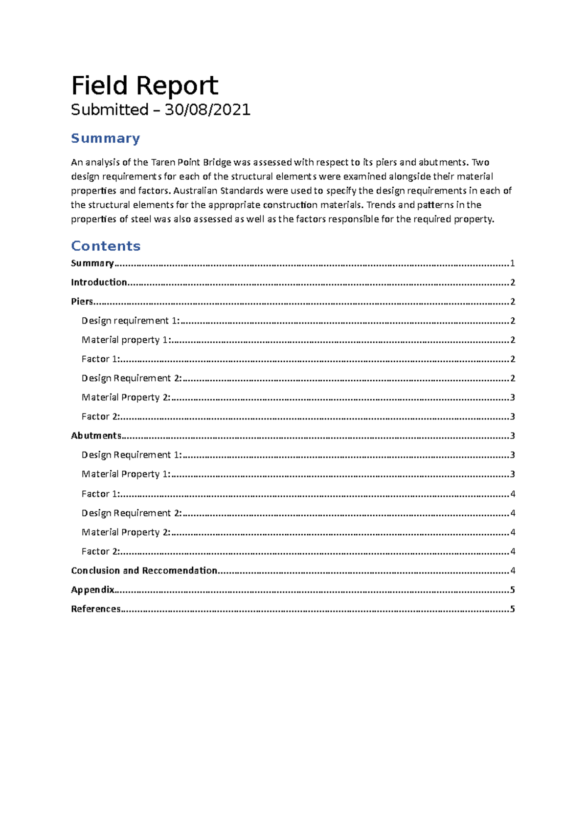 Final Field Report - Received 18/20 - needed more info in intro and had ...