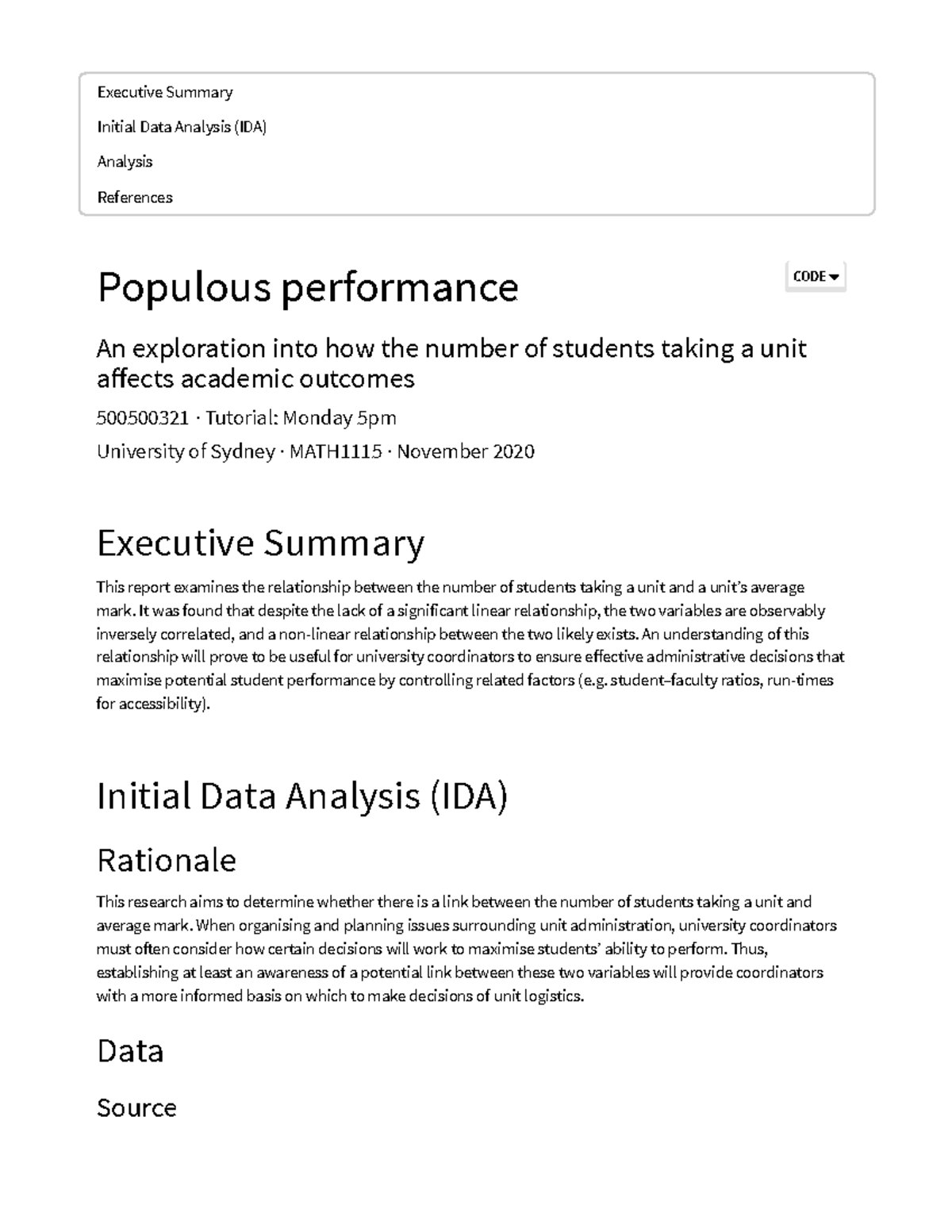 MATH1115 Project 2 - Initial Data Analysis (IDA) Analysis References ...