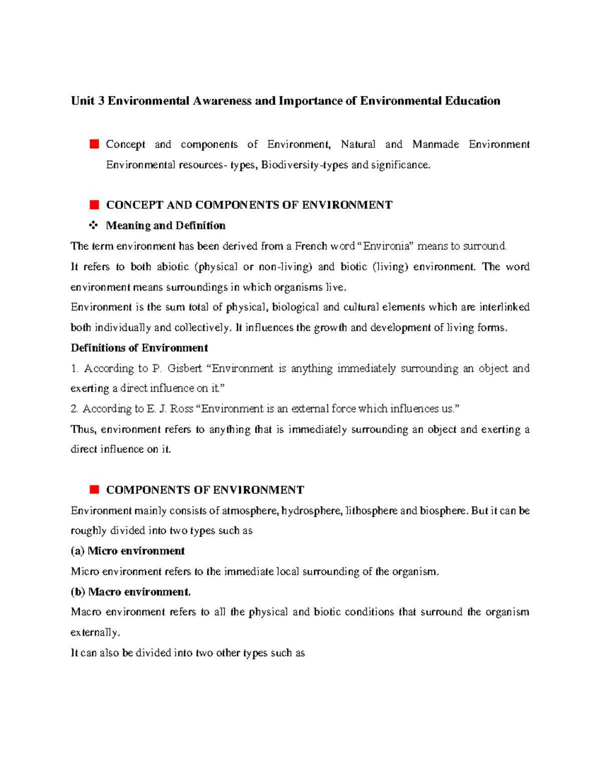 Unit 3 Environmental Awareness and Importance of Environmental ...
