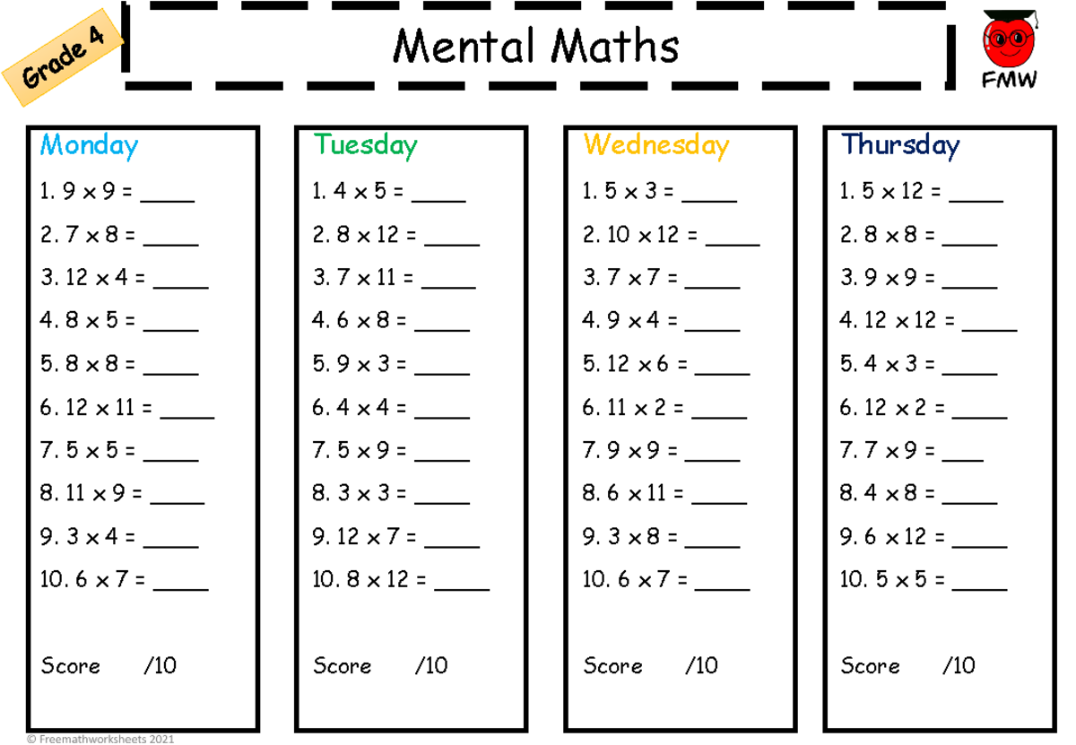 Grade 4 Mental Maths Multiplication Worksheet 1 - Monday 1. 9 x 9 ...