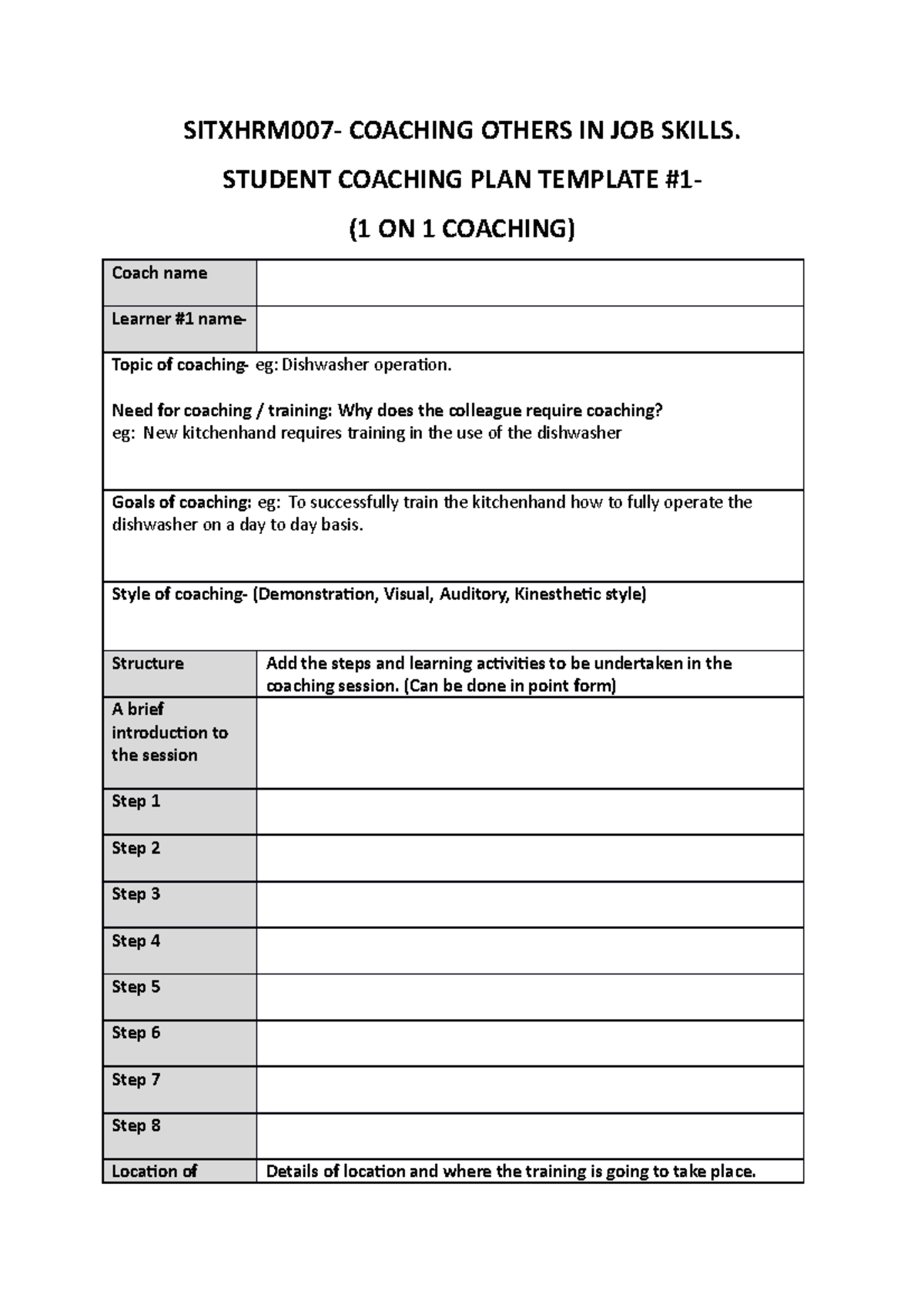 Sitxhrm 007 Coaching PLAN Templates Feedback Forms - SITXHRM007 ...