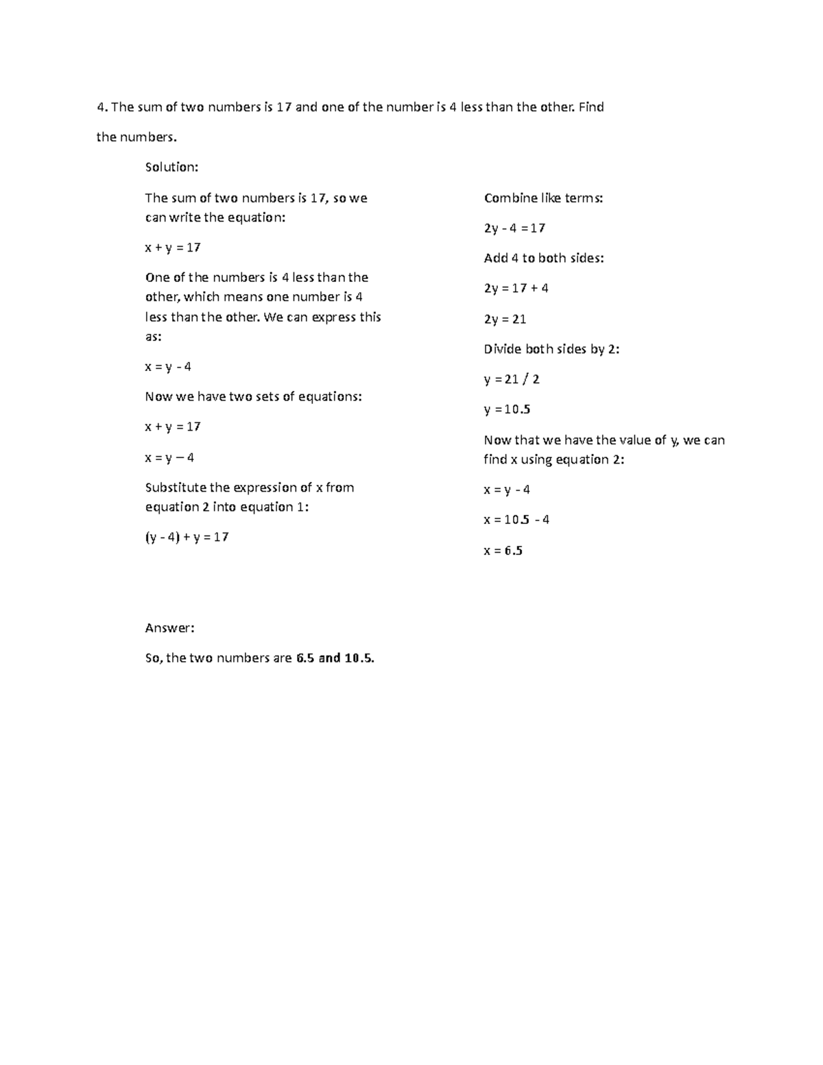 Solutions - assignments - The sum of two numbers is 17 and one of the ...