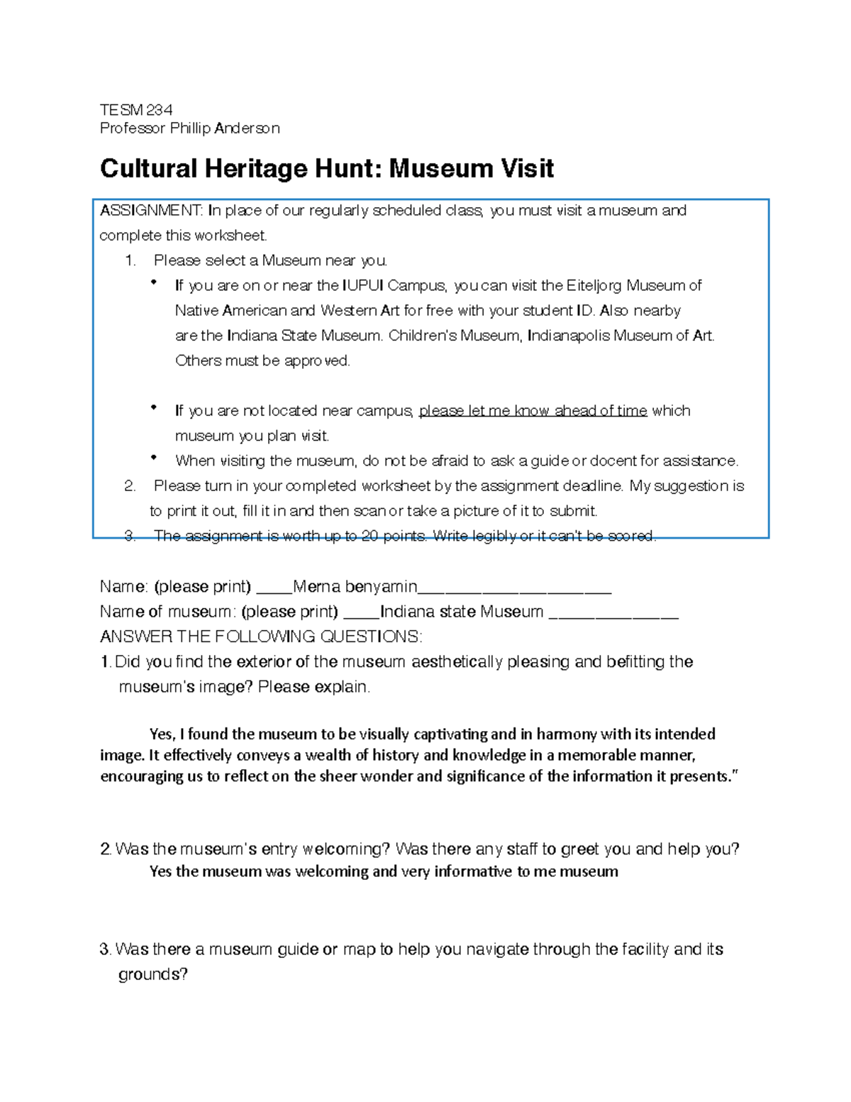 CHH Museum Worksheet Blank - TESM 234 Professor Phillip Anderson ...