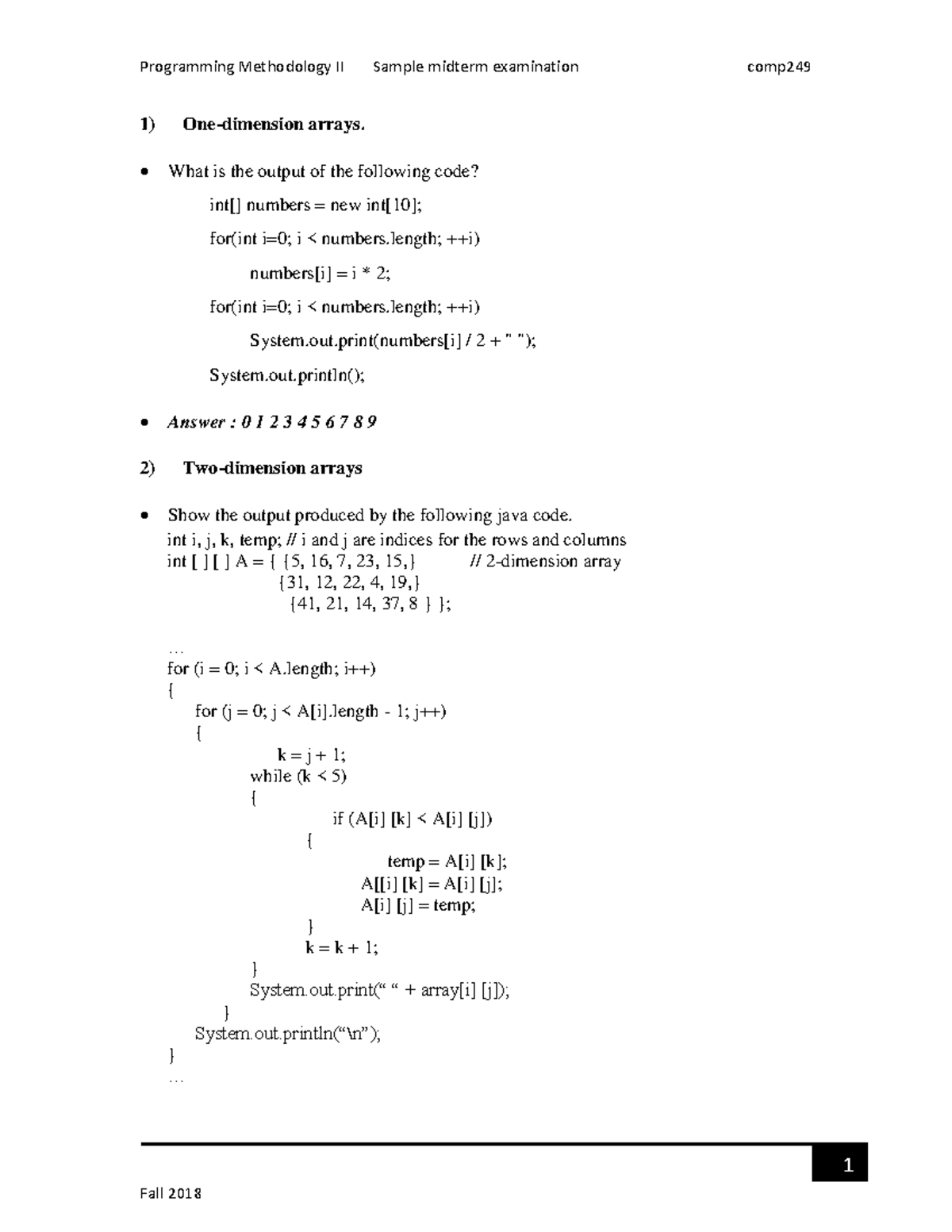 Midterm exam 24 October 2018, questions and answers - Programming Methodology II 1) • Sample ...