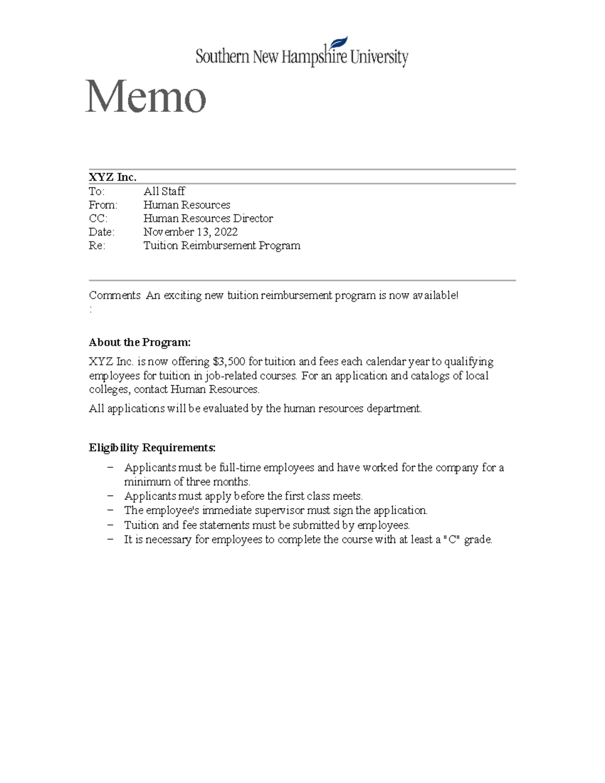ENG 220 Memo - communication memo - Memo XYZ Inc. To: All Staff From ...