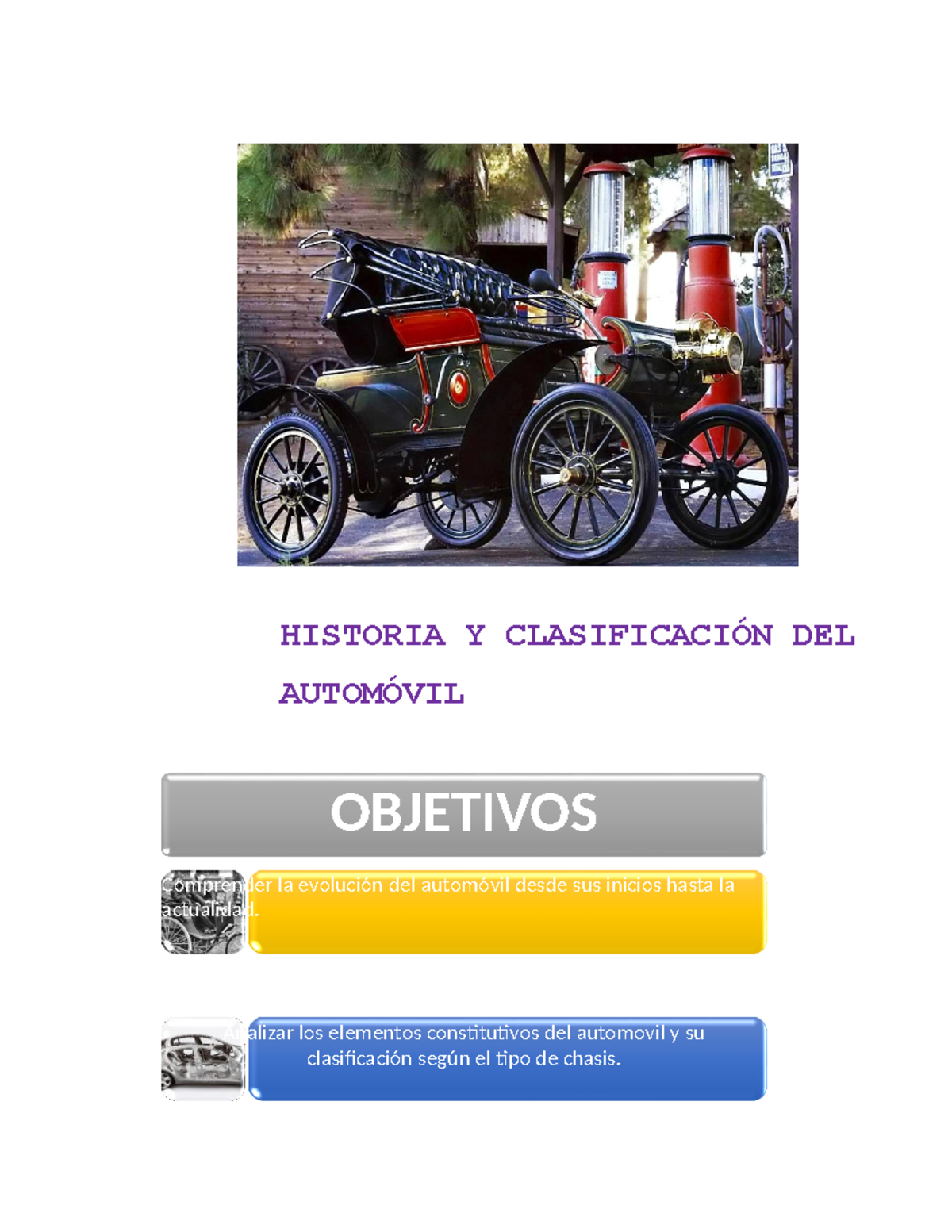 Historia Y Clasificación DEL Automóvil - OBJETIVOS Comprender la evolución del automóvil desde ...