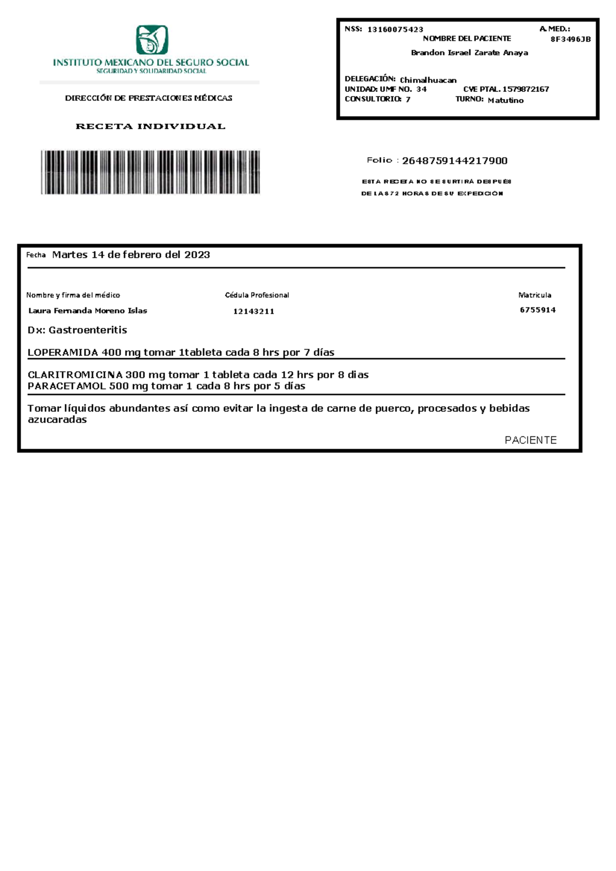 Receta imss - Documento para recepción de documentos - Fecha Nombre y ...