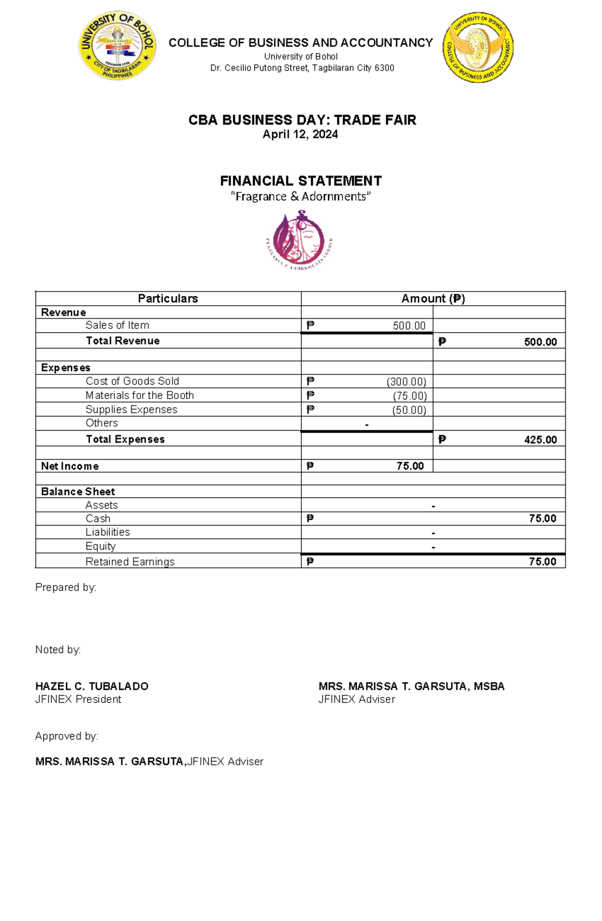 Jfinex Outreach Program Budget Proposal 2024 - COLLEGE OF BUSINESS AND ...