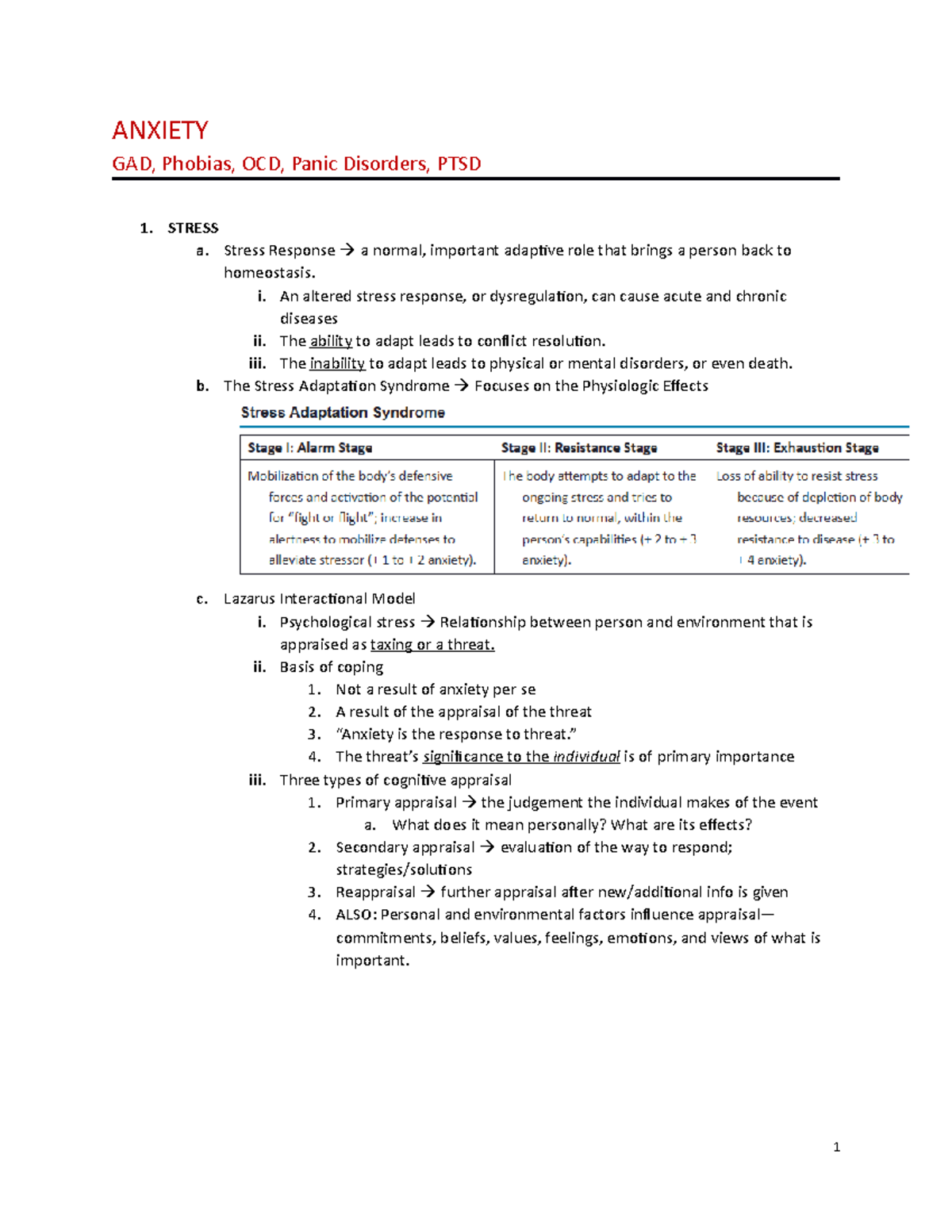 211.Anxiety Exemplar - Notes from lecture and textbooks. - ANXIETY GAD ...