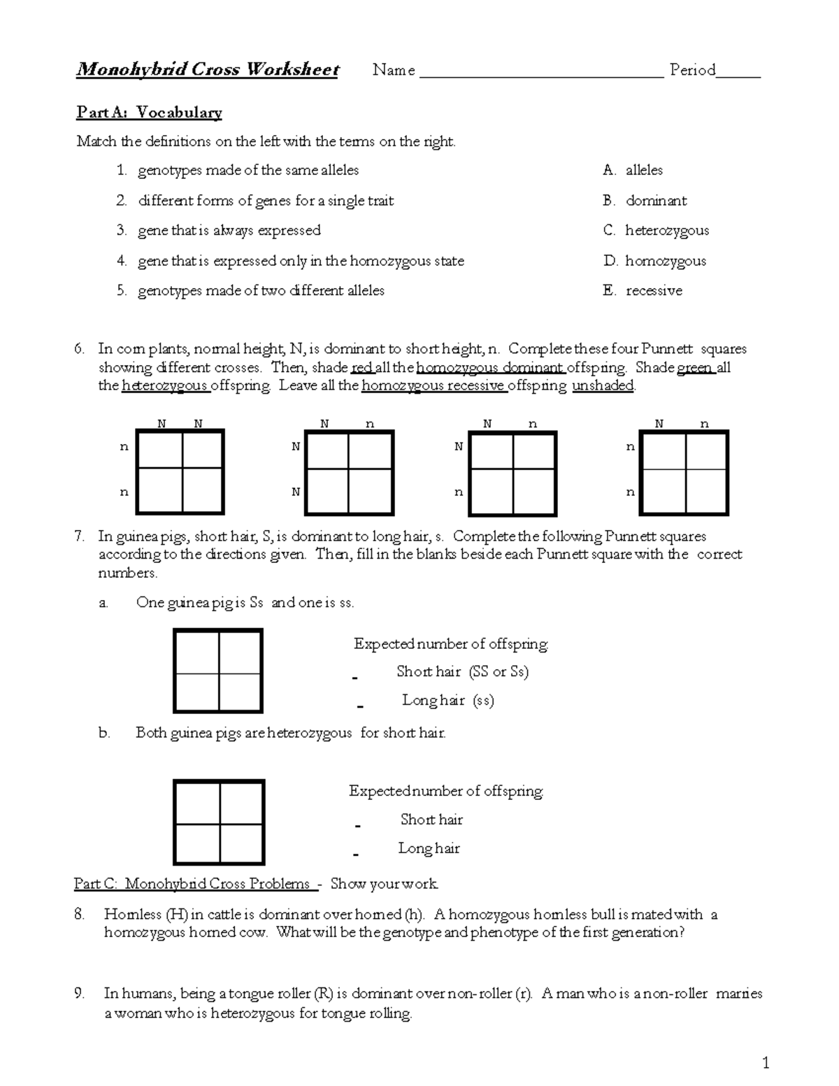 Monohybrid Cross Activity - 1 Monohybrid Cross Worksheet Name