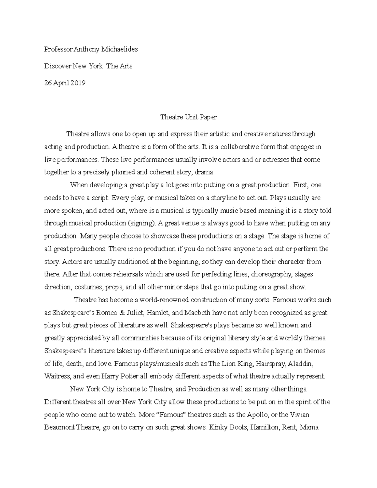 Theatre Unit Paper - DNY: Art, Professor Anthony Michaelides ...