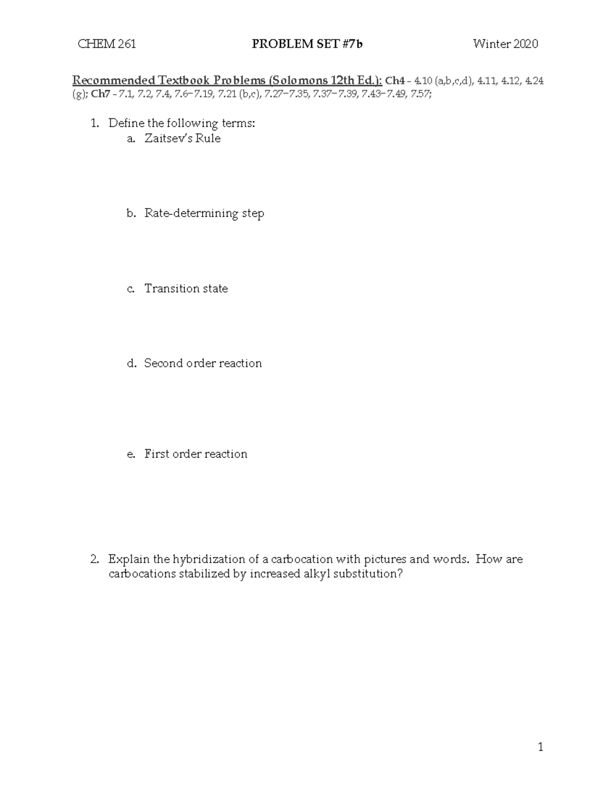 PS7b Alkenes Eliminations - CHEM 261 PROBLEM SET #7b Winter 2020 1 ...