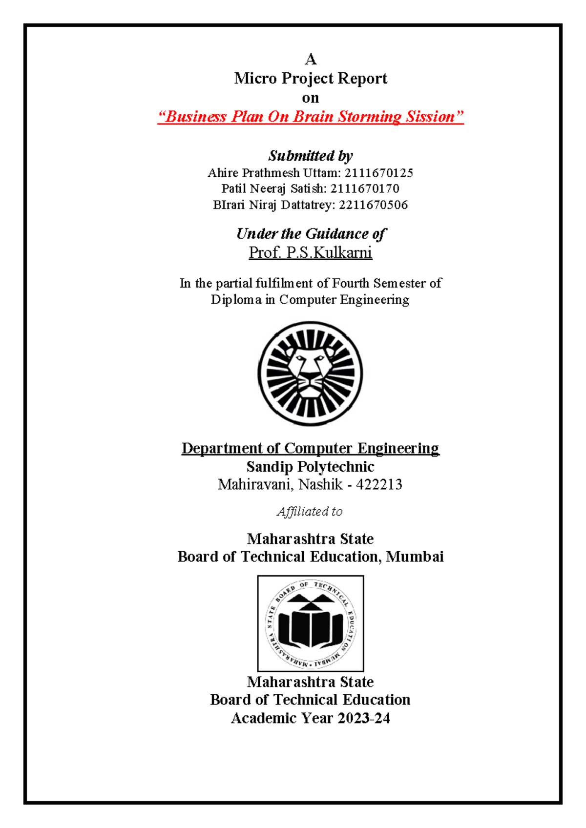 Micro Project format EPT-1 - A Micro Project Report on “Business Plan ...