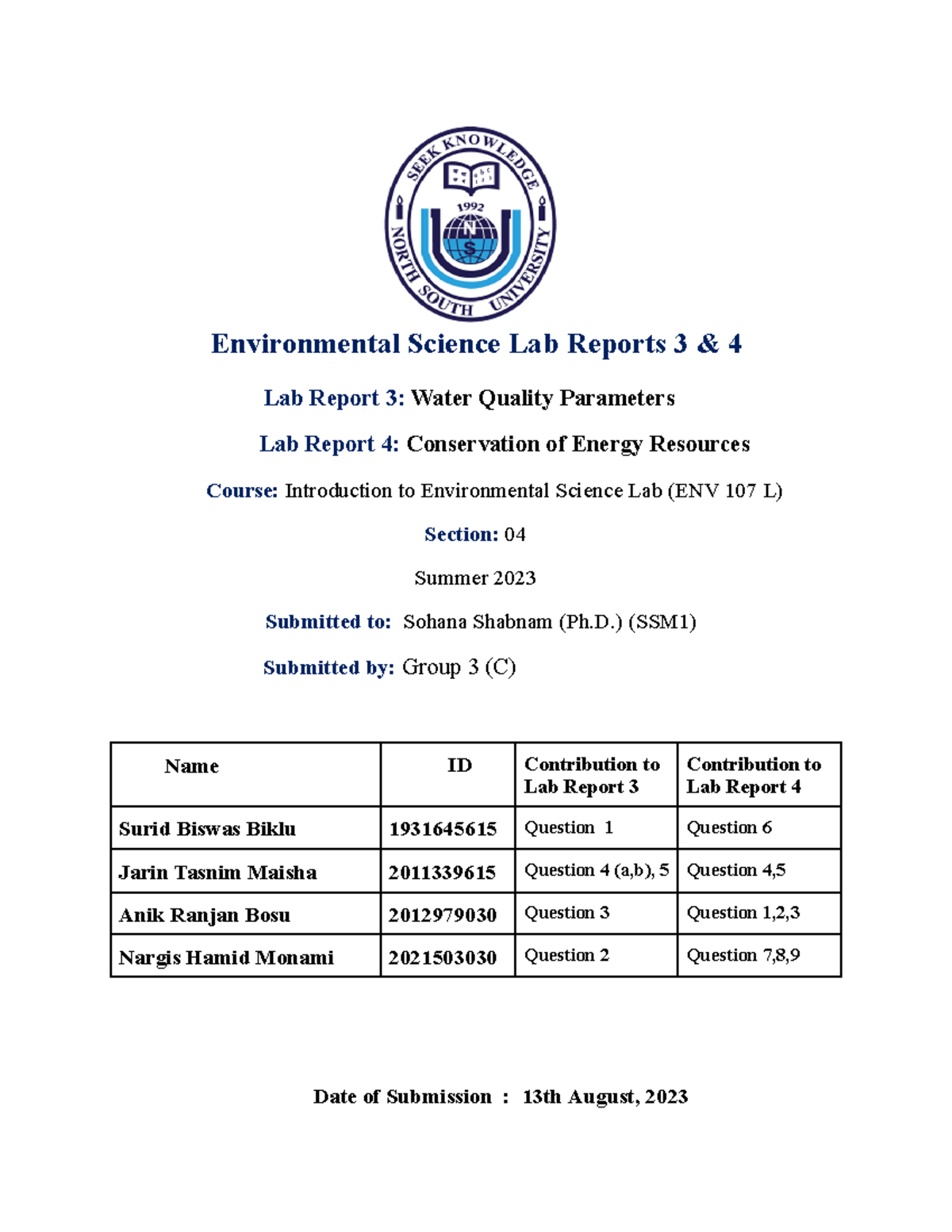 Environmental Science Lab Reports 3 4 - ) (SSM1) Submitted by: Group 3 ...