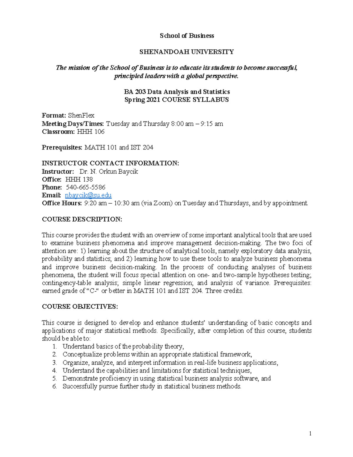 BA203-01-Sylabus - School of Business SHENANDOAH UNIVERSITY The mission ...