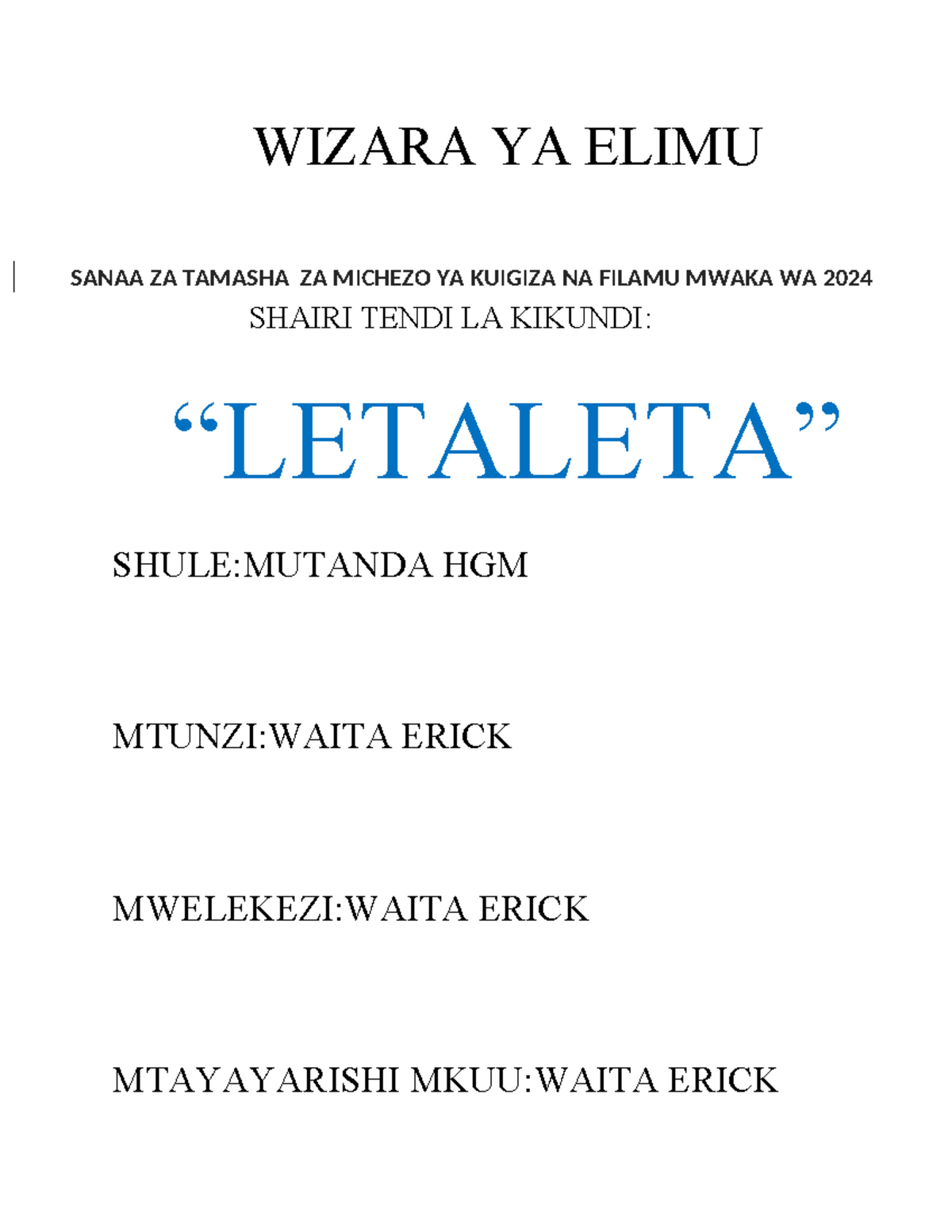 Wizara YA Elimu - notes - WIZARA YA ELIMU SHAIRI TENDI LA KIKUNDI ...