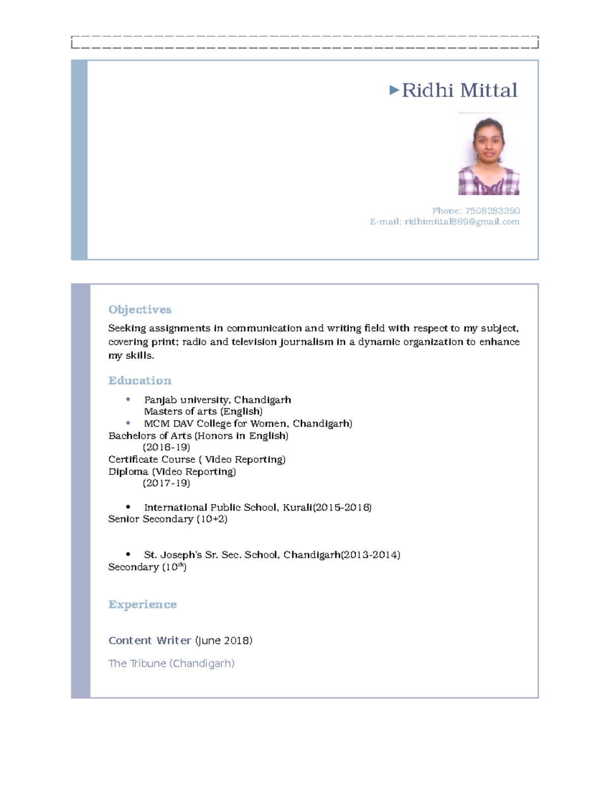 Resume Ridhi Mittal - Ridhi Mittal Phone: 7508283390 E-mail ...