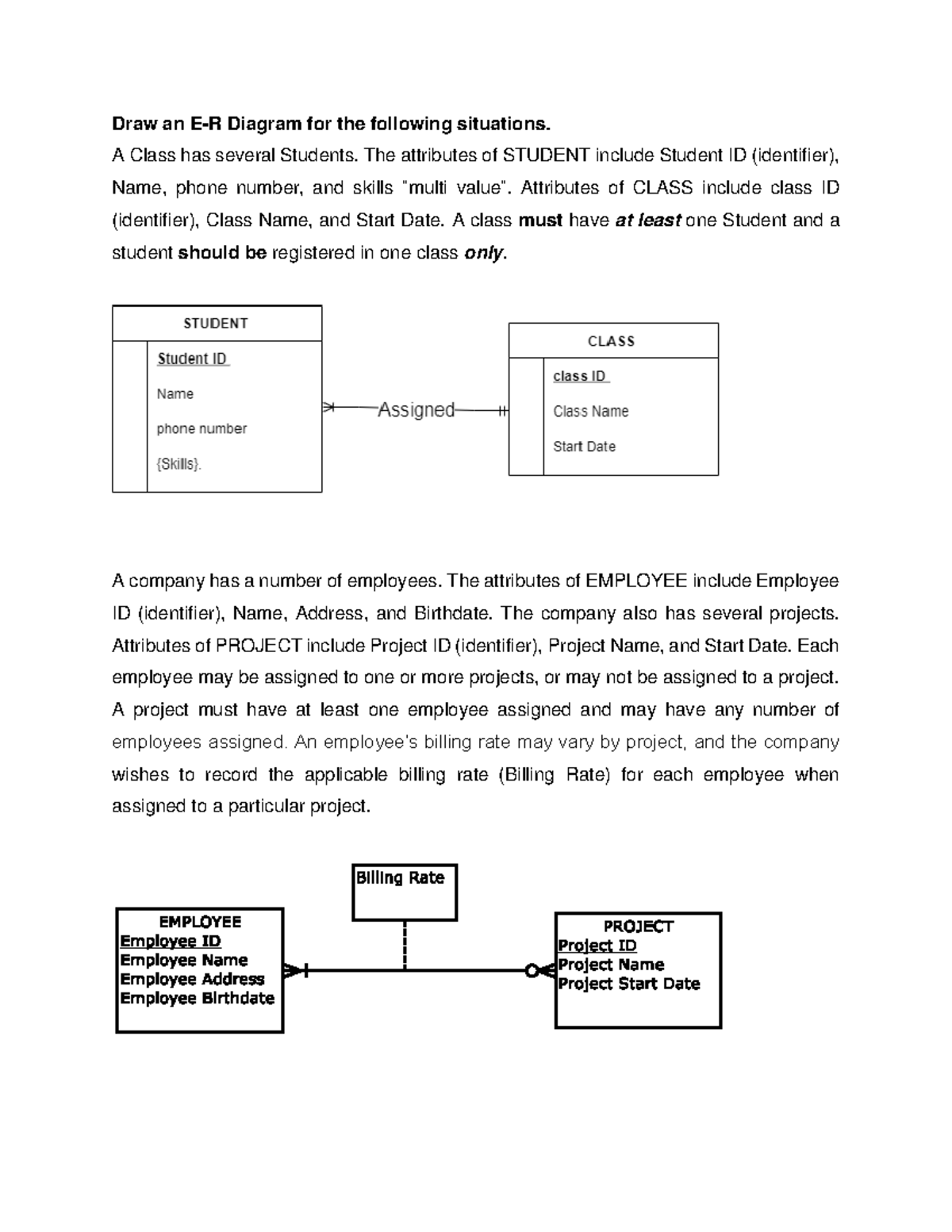 ERD Examples - ljj - Draw an E-R Diagram for the following situations. A Class has several ...