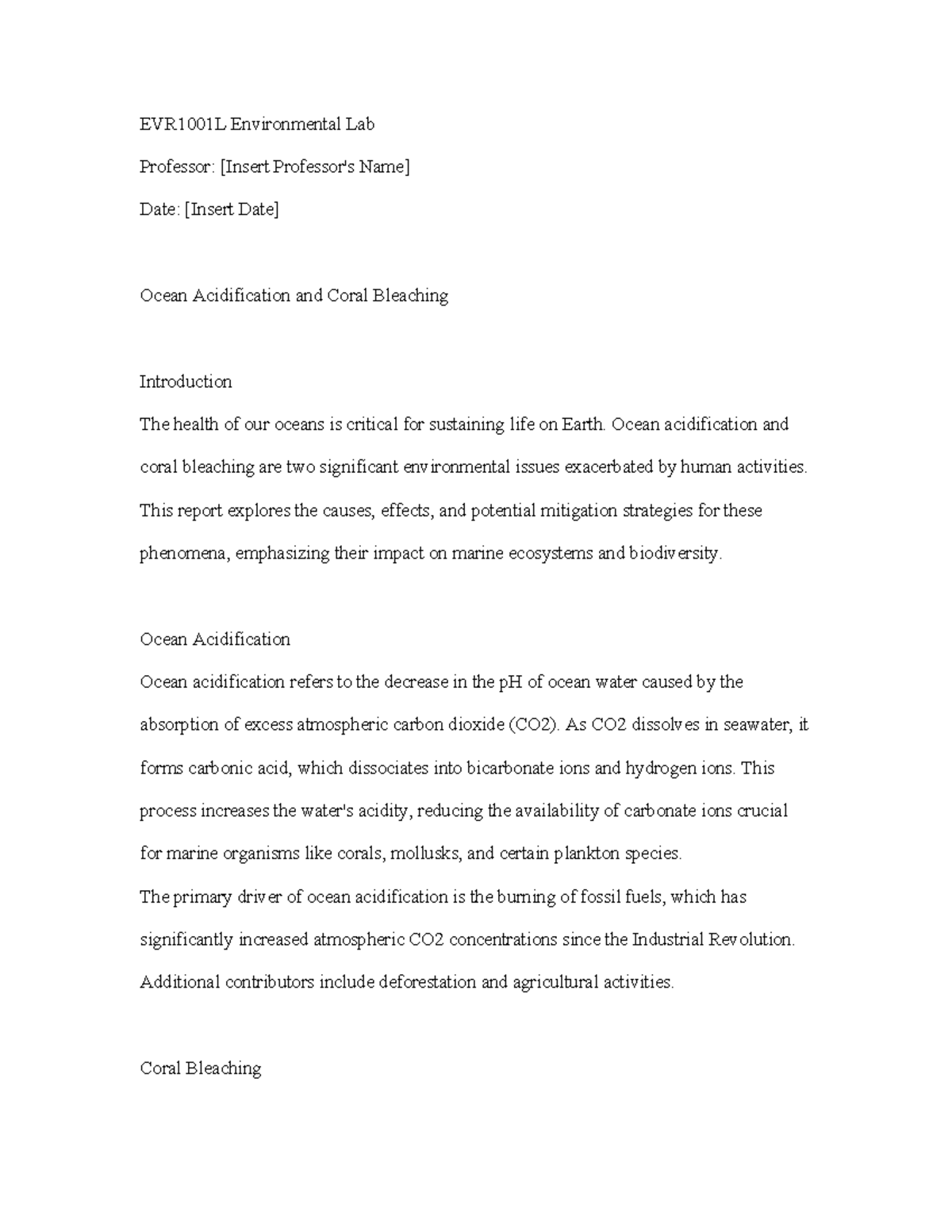 Ocean Acidification Coral Bleaching Report MLA - EVR1001L Environmental ...