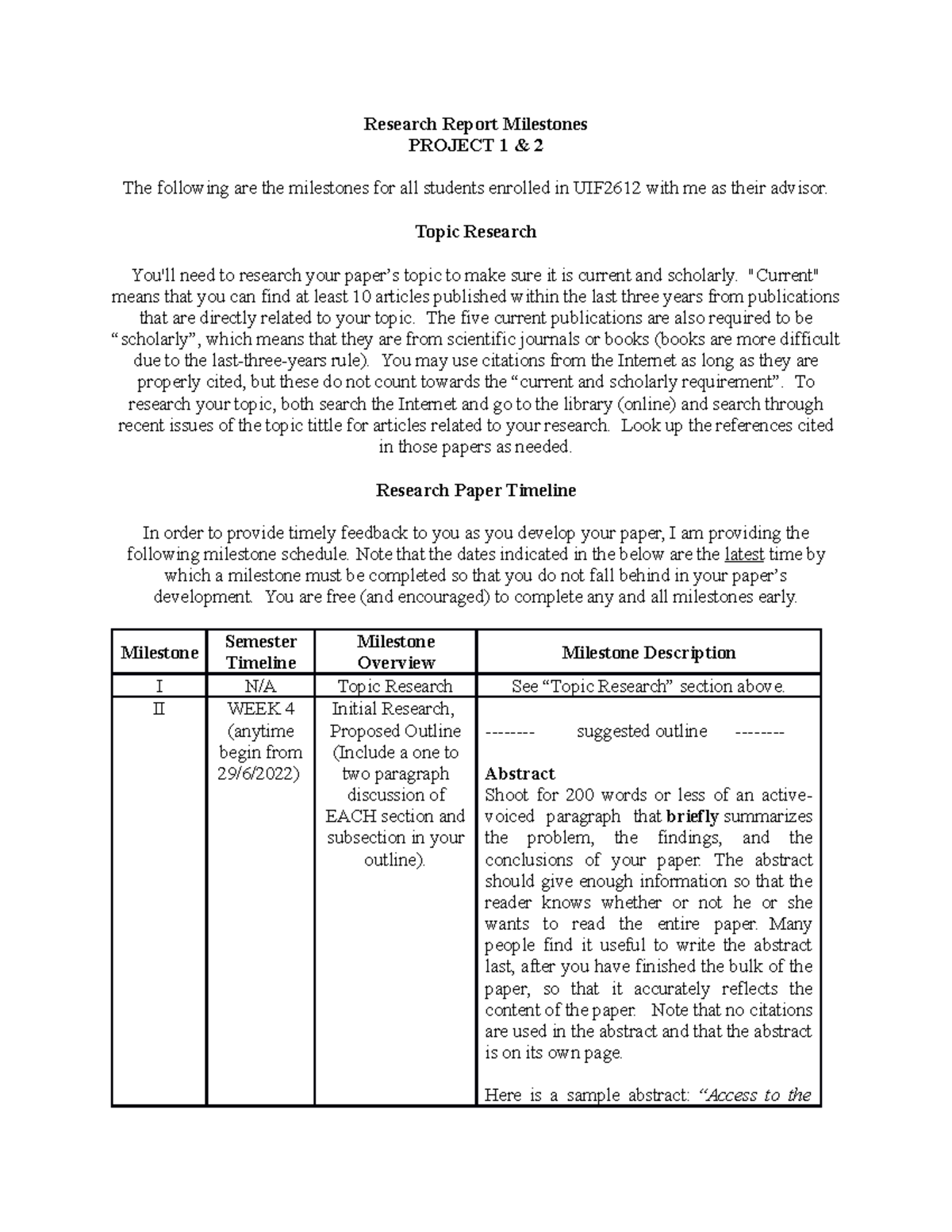 Research Report Milestones - Research Report Milestones PROJECT 1 & 2 ...