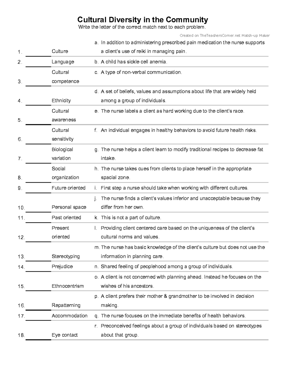 Week 5 Cultural Diversity Matching - Cultural Diversity in the ...