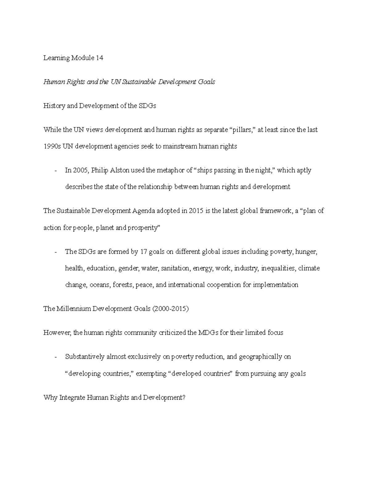 PLS 105 Introduction to Human Rights Learning Module 14 Lecture Notes ...