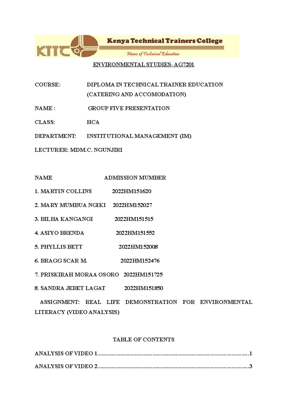Environmental Video Analysis Assignment final - ENVIRONMENTAL STUDIES ...