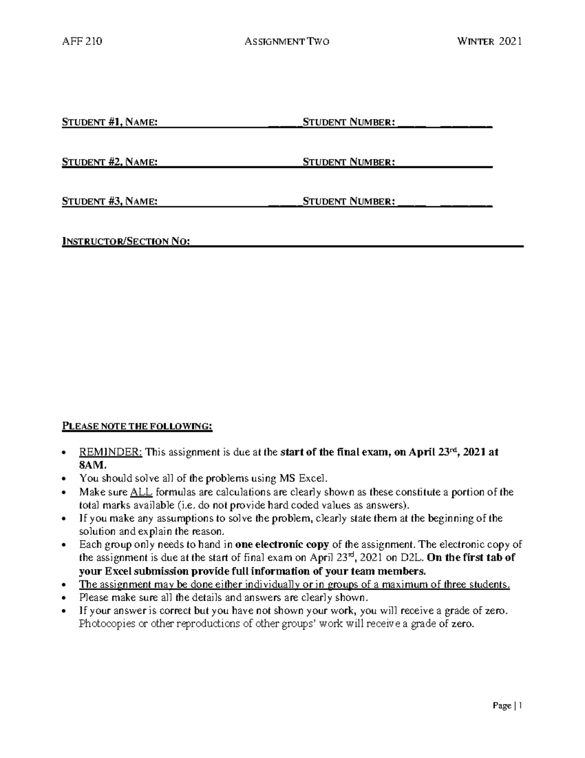 AFF210 W2021 Assignment Two Updated - Due 23 April corrected - STUDENT #1, NAME: ______STUDENT ...