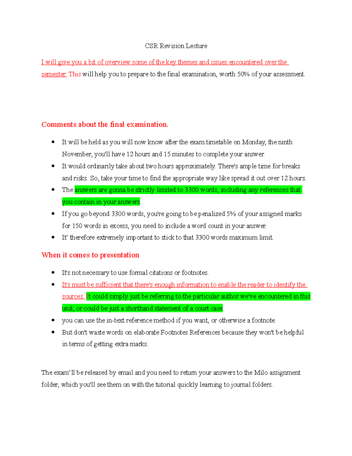 CSR Revision summary - CSR Revision Lecture I will give you a bit of ...