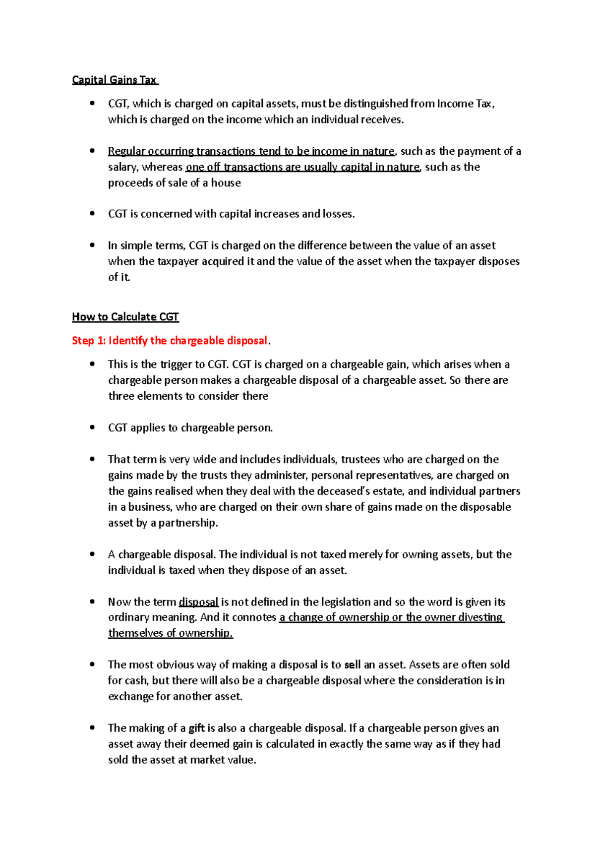 CGT Lecture - notes - Capital Gains Tax CGT, which is charged on ...