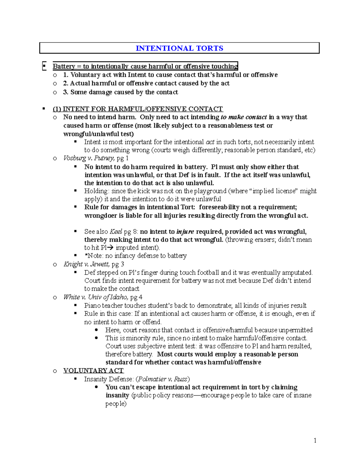 Torts Outline Example - LAW8000 - Studocu