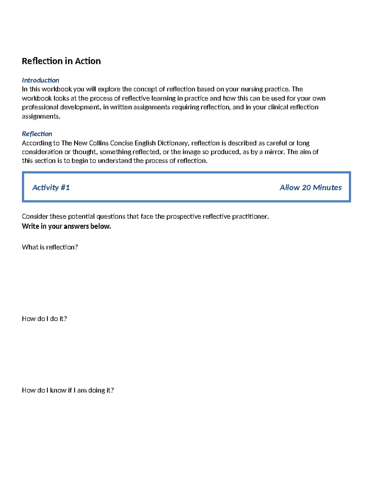 Reflection Workbook - reflective practice - Reflection in Action ...