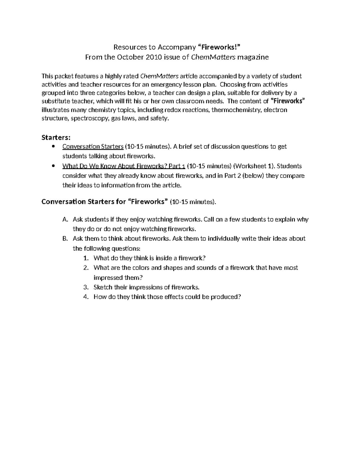 Emergency lesson plan package on fireworks - Resources to Accompany ...