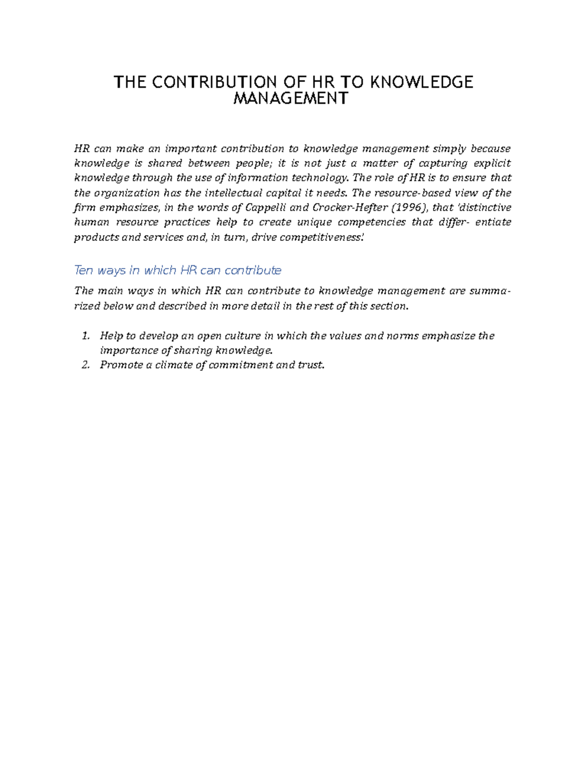 THE Contribution OF HR TO Knowledge Management - THE CONTRIBUTION OF HR ...