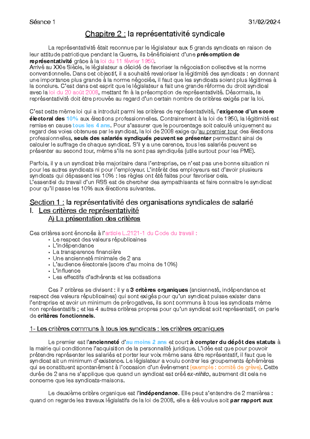 Partie 1 - Chapitre 2 - la représentativité syndicale - Chapitre 2 : la ...