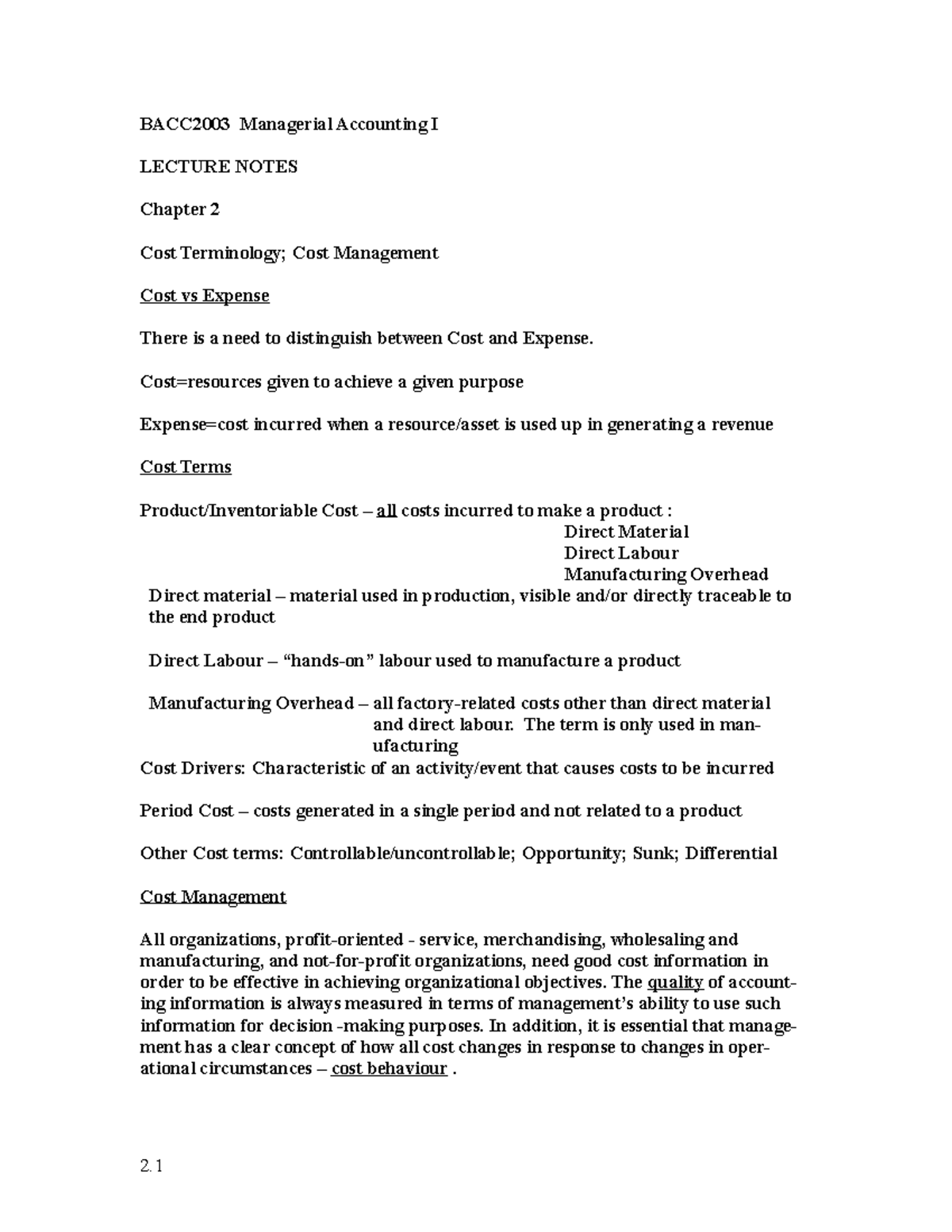 CH 2 Notes - BACC2003 Managerial Accounting I LECTURE NOTES Chapter 2 ...