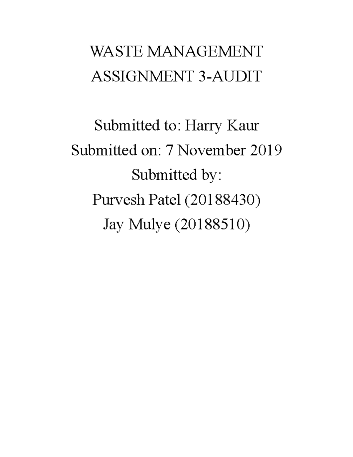 Audit Report - WASTE MANAGEMENT ASSIGNMENT 3-AUDIT Submitted to: Harry ...