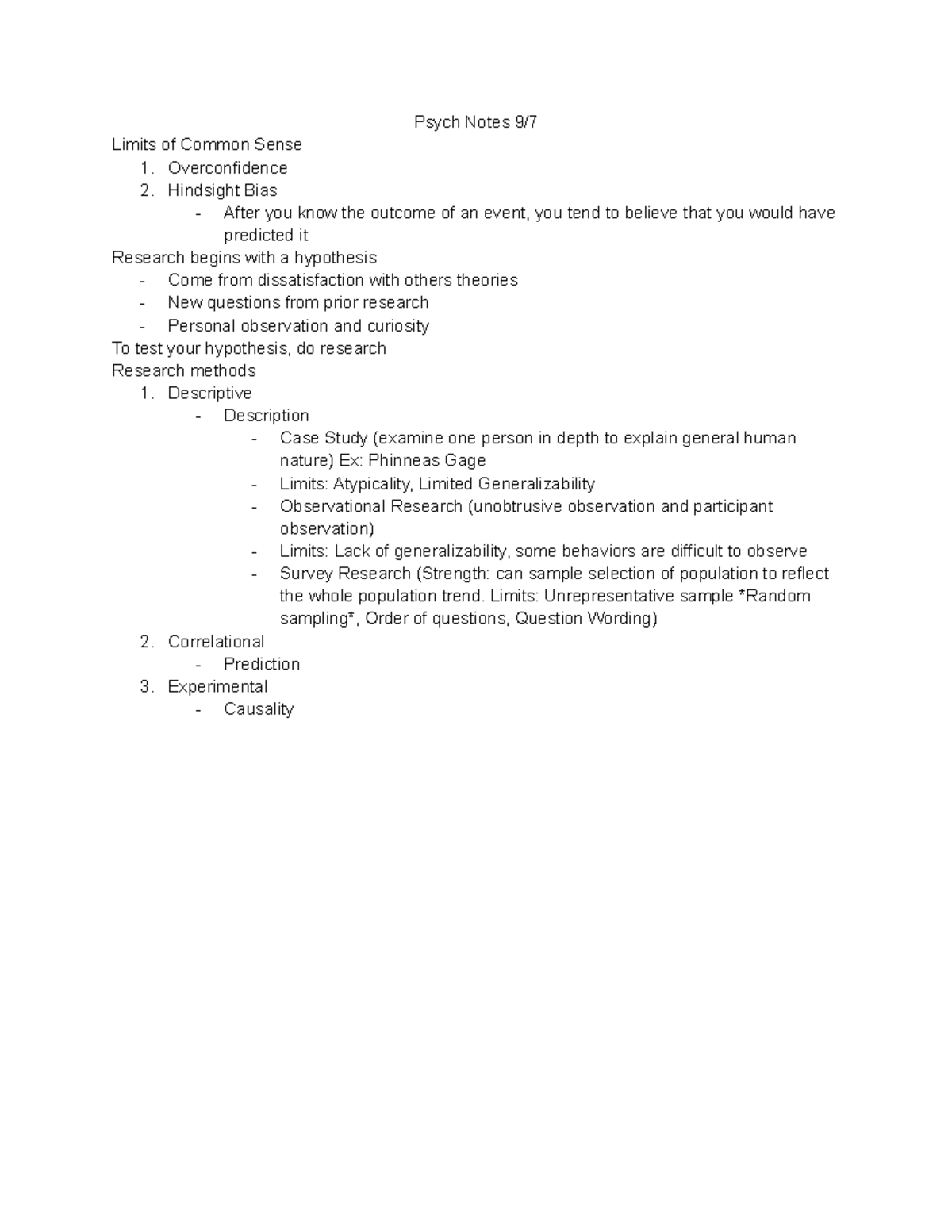 Psych Notes 9/7 - Psych Notes 9/ Limits of Common Sense Overconfidence ...