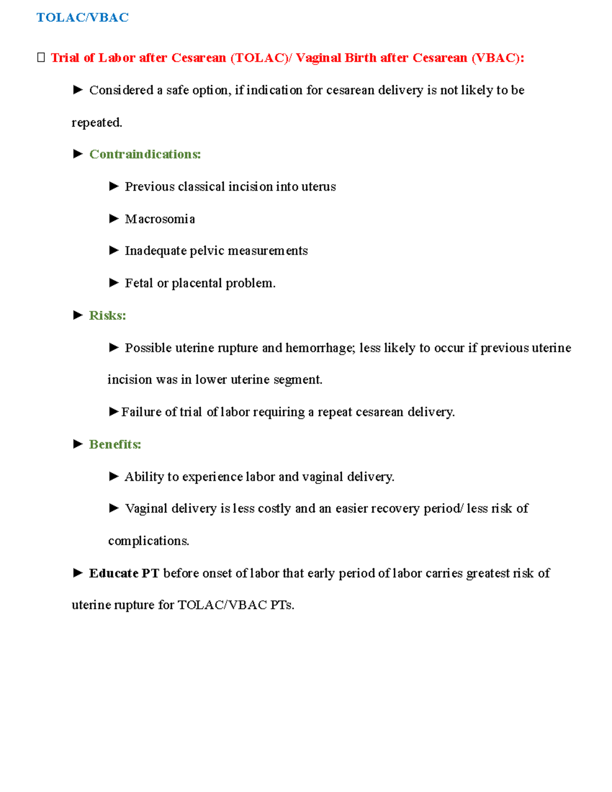 OB Tolac and VBAC - Tamucc OB nursing - TOLAC/VBAC 🠀 Trial of Labor ...