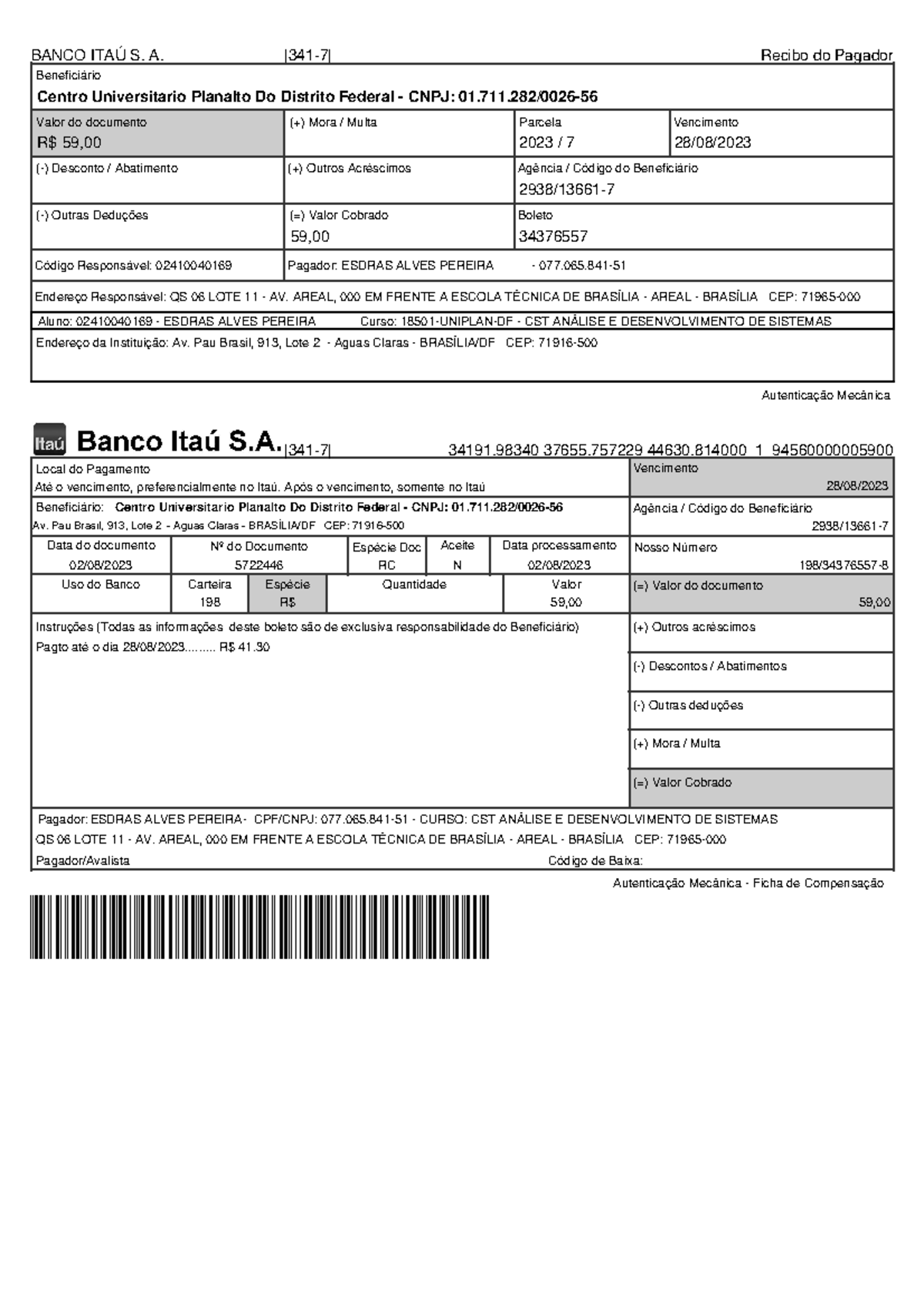 Boleto 34376557 - sdasdas - |341-7| Recibo do Pagador Beneficiário ...