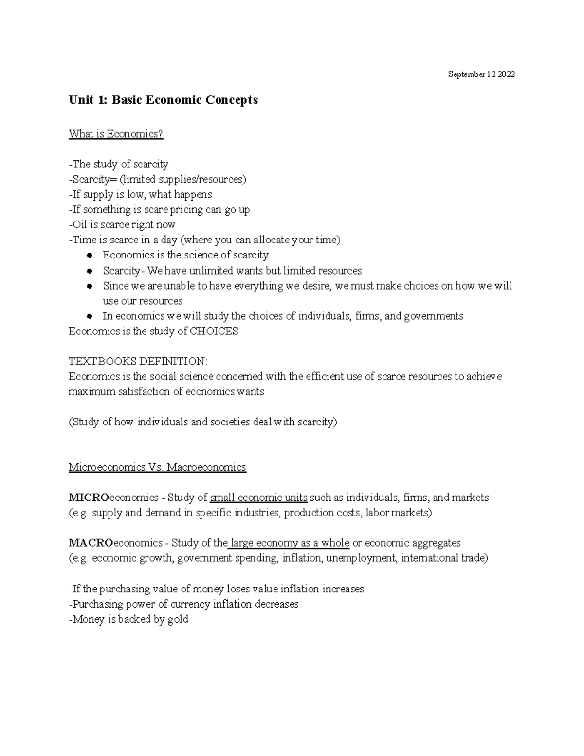 Copy of CIA4U0 Econ Notes - September 12 2022 Unit 1: Basic Economic ...